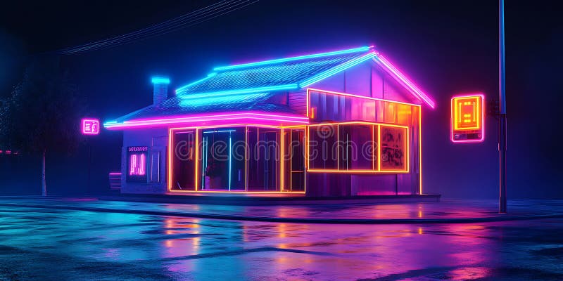 Neon House Vibrant Night Lights Cyberpunk Architecture Stock ...