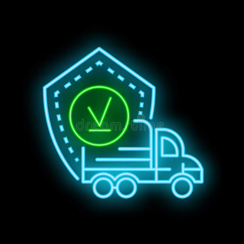 Neon Icon of Cargo Truck Covered by Shield with Check Mark Representing ...