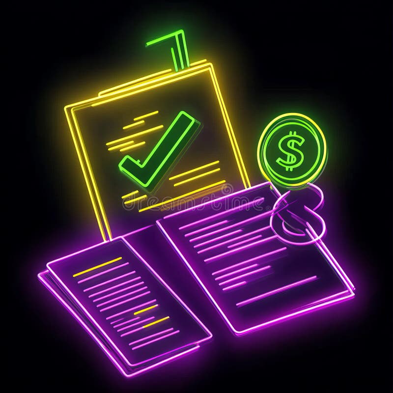 A Neon Icon Featuring Financial Documents, a Dollar Sign, and a Check ...