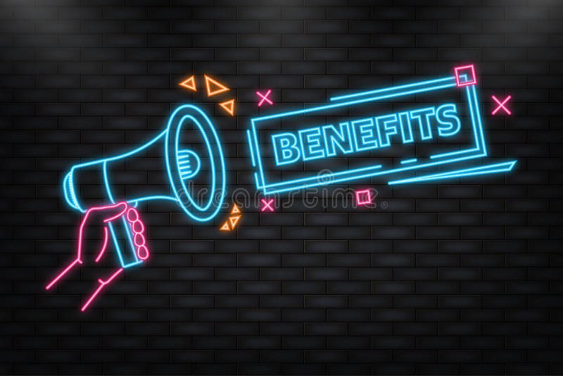 Neon Icon. Megaphone Blue Banner with Benefits Sign. Vector ...