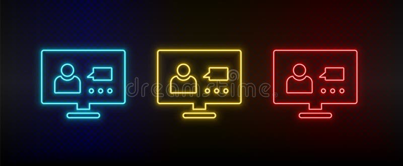 Neon Icon Set Computer, Video, Conference, Users. Set of Red, Blue ...