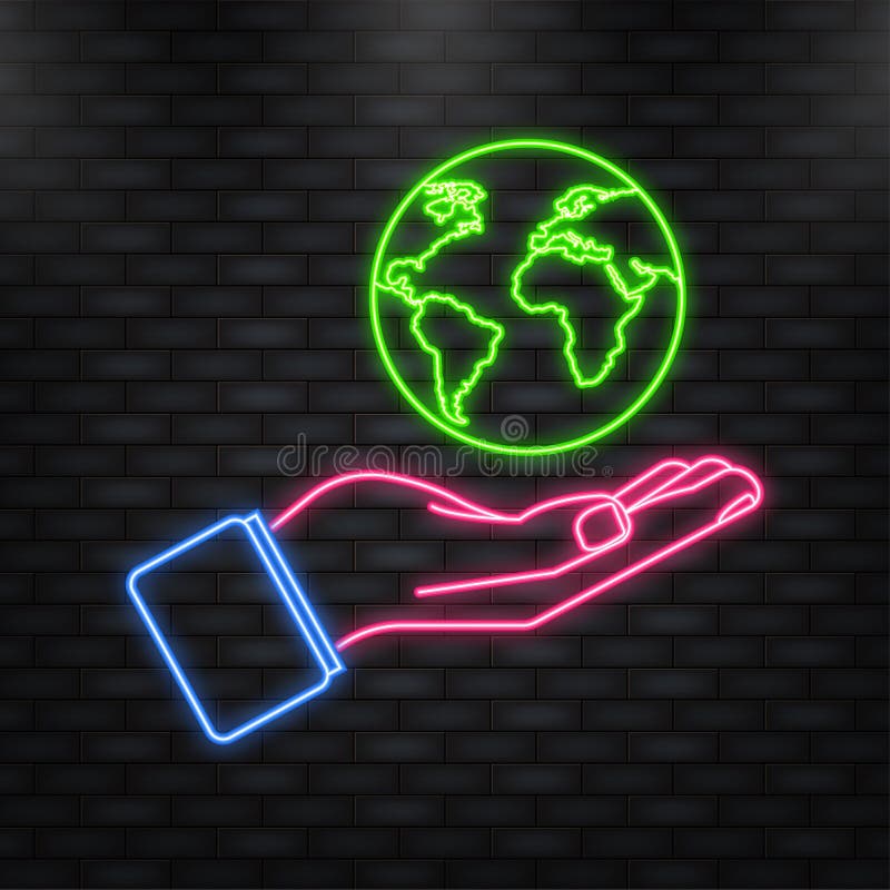 Neon Icon. Vector Planet Earth Icon with Hand. Flat Planet Earth Icon ...