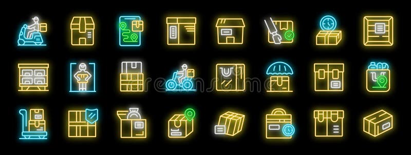 Parcel Delivery Service Neon Icon Set, Couriers Delivering Packages by ...