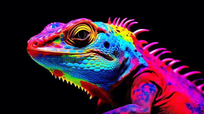 Neon Iguana: Vibrant Lizard Against a Stark Black Canvas (AI Generated ...