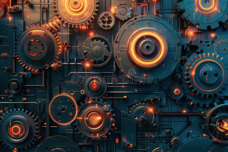 Neon-Illuminated Abstract Mechanical Background with Gears and ...