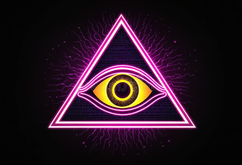 Neon Illuminated All-Seeing Eye in Triangle Stock Illustration ...
