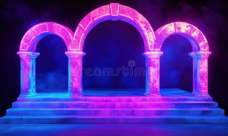 Neon Illuminated Archway with Glowing Columns and Vibrant Colors in ...