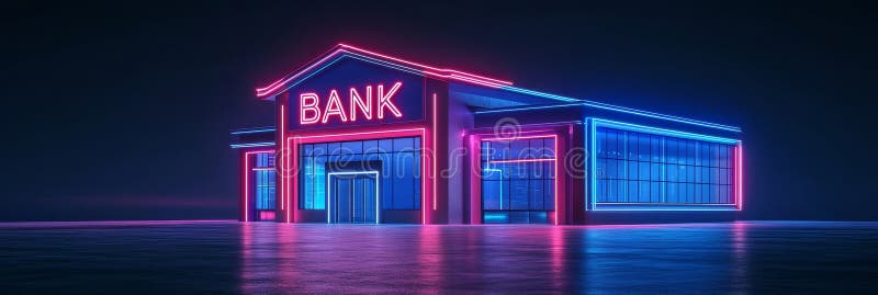 A Neon - Illuminated Bank Building with Vibrant Blue, Architecture ...