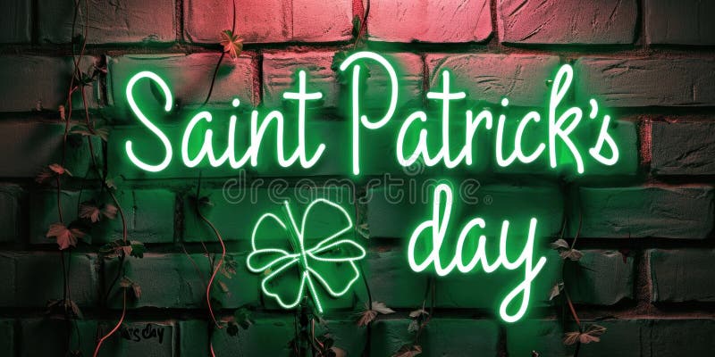 Neon Illuminated Banner Text Saint Patrick S Day with Four Leaf Clover ...