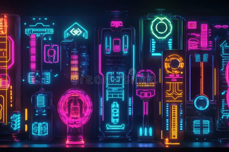 Neon Illuminated Circuit Boards and Devices in a Futuristic Display ...