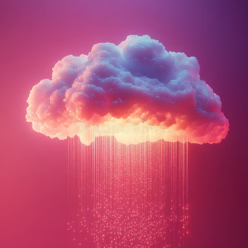 Neon Illuminated Cloud with Rain on a Vibrant Pink Background. Stock ...