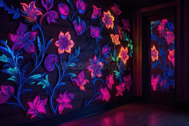 Neon Illuminated Floral Designs on a Wall Stock Illustration ...