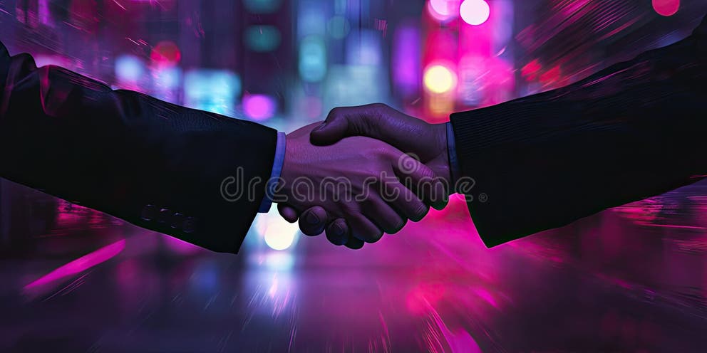 Neon-Illuminated Handshake: Formal Agreement in a Modern Business ...