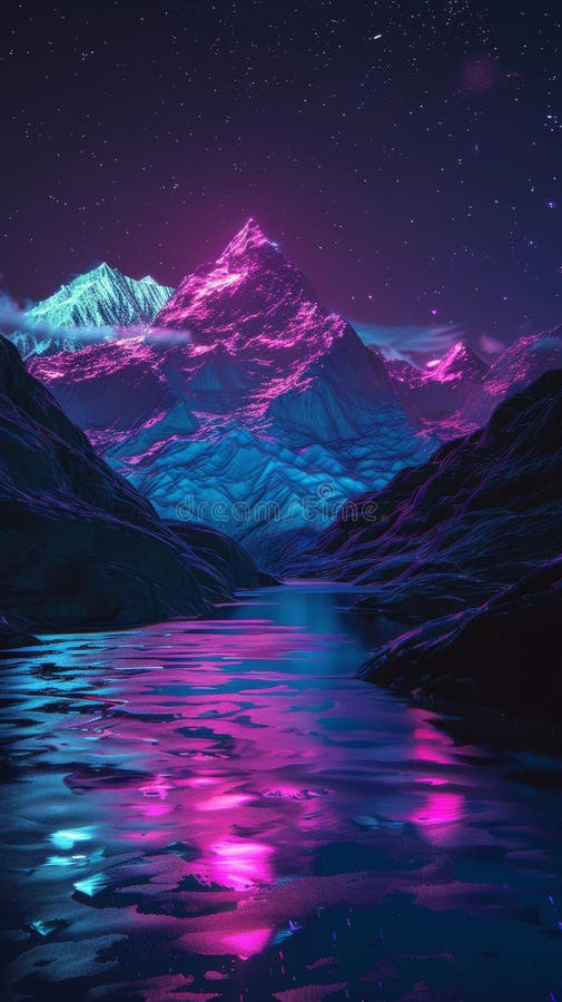 Neon Illuminated Mountains with Reflective Lake at Night Stock Photo ...