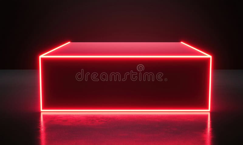 Neon Illuminated Rectangular Box with Glowing Edges on Reflective ...