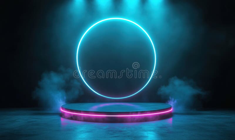 Neon Illuminated Stage with Circular Backdrop and Fog Effects for ...