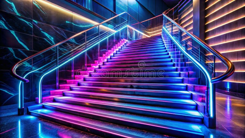 Neon Illuminated Staircase with Modern Railing and Sleek Design ...
