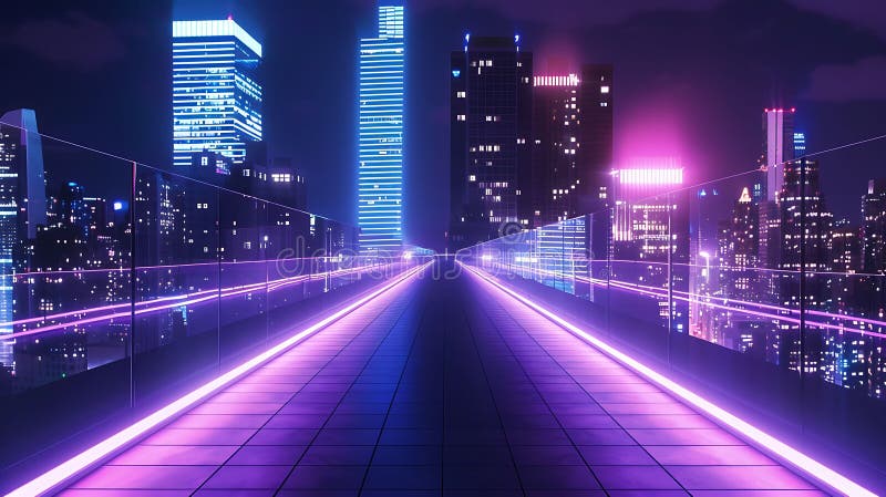 Neon Illuminated Urban Rooftop Pathway Stock Illustration ...