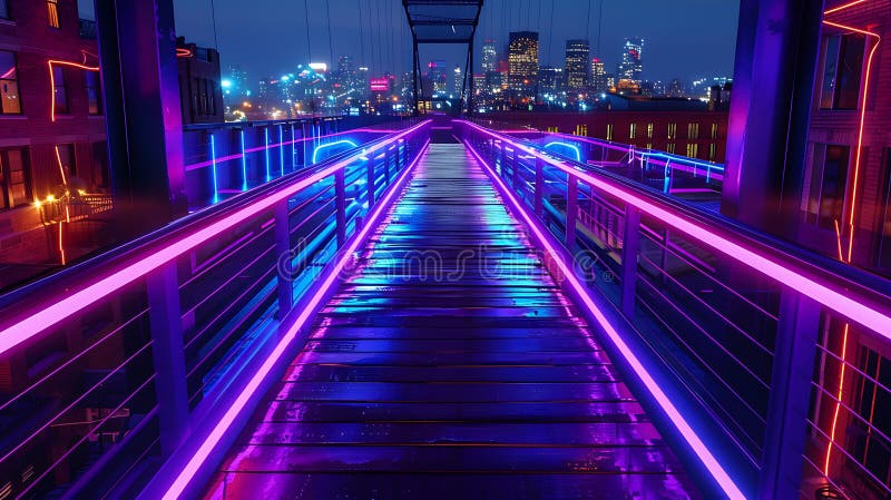 Neon Illuminated Urban Rooftop Pathway Stock Illustration ...