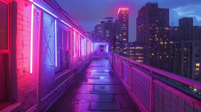 Neon Illuminated Urban Rooftop Pathway Stock Illustration ...