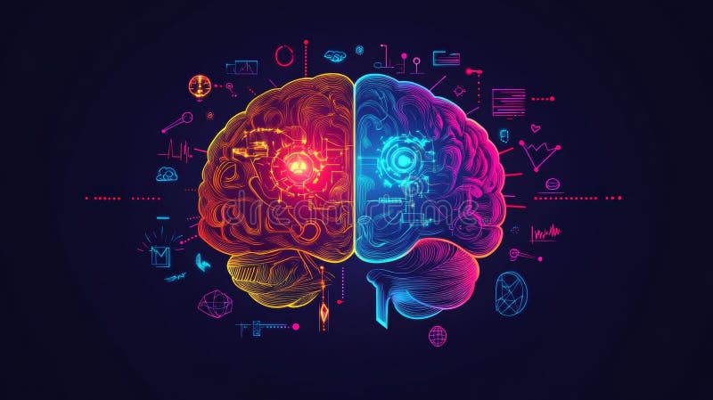 Neon Illustration of Brain Divided into Creative and Analytical Sides ...