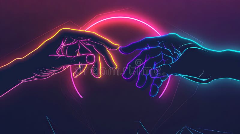 Neon Illustration of Two Hands Reaching Out and Touching Against a ...