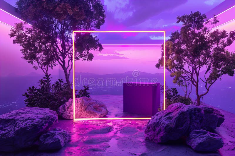 A Neon Image and Frame with Rocks, Under Purple Light with Trees and a ...