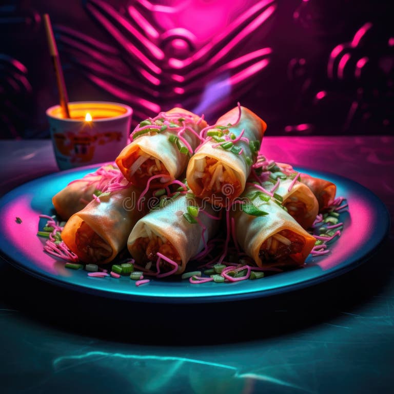 Neon image of spring rolls stock illustration. Illustration of retro ...