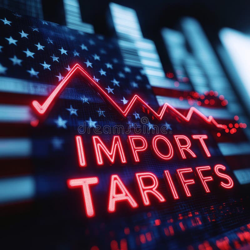 Neon Import Tariffs Text Overlaid on American Flag and Graphs. Stock ...