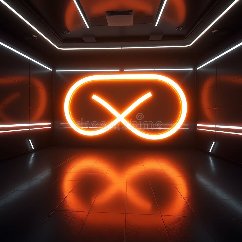 A Neon Infinity Symbol Glowing in a Dark Futuristic Room Stock ...