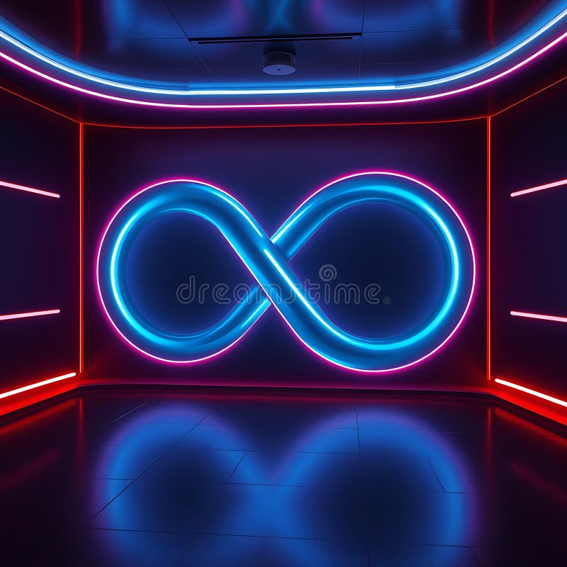 A Neon Infinity Symbol Glowing in a Dark Futuristic Room Stock ...