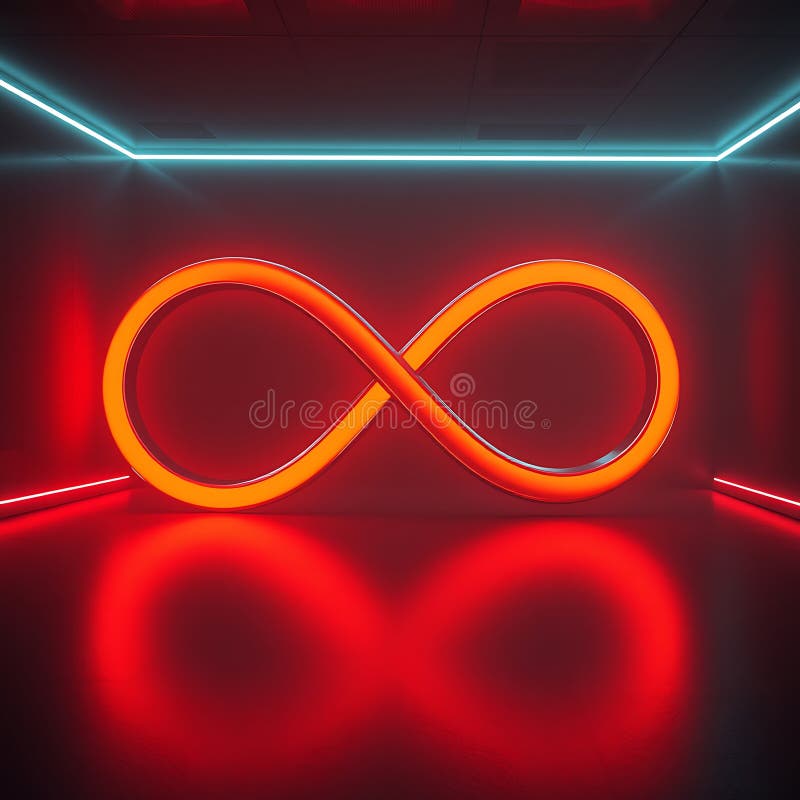 A Neon Infinity Symbol Glowing in a Dark Futuristic Room Stock ...