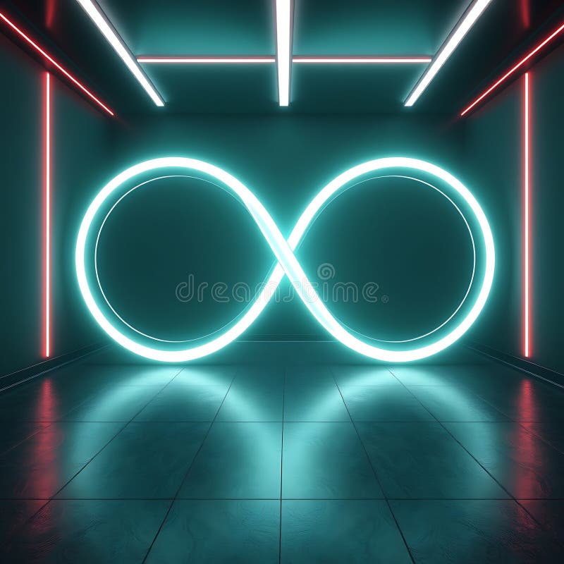 A Neon Infinity Symbol Glowing in a Dark Futuristic Room Stock ...