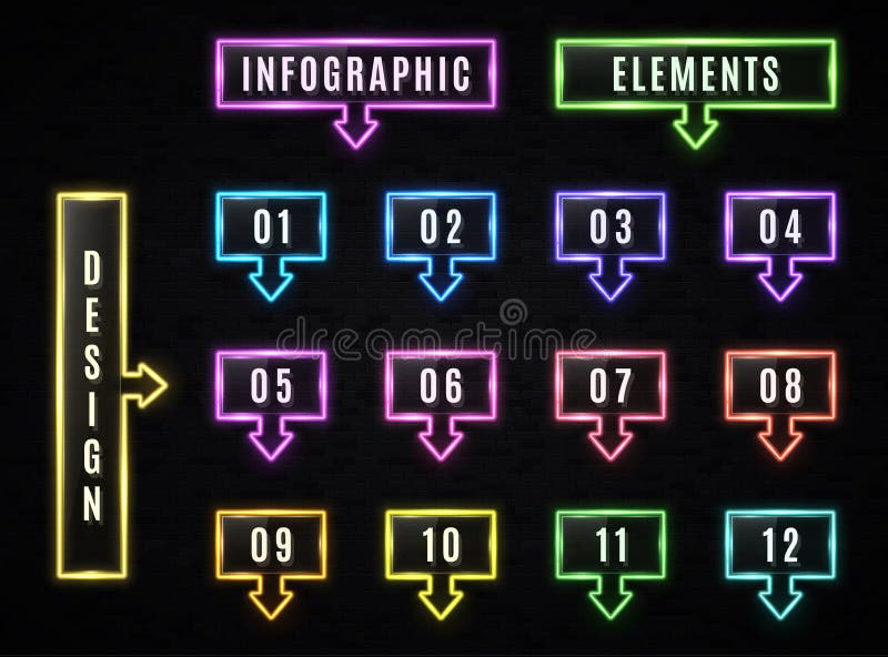 Neon Infographics Elements on Black Background. Stock Vector ...