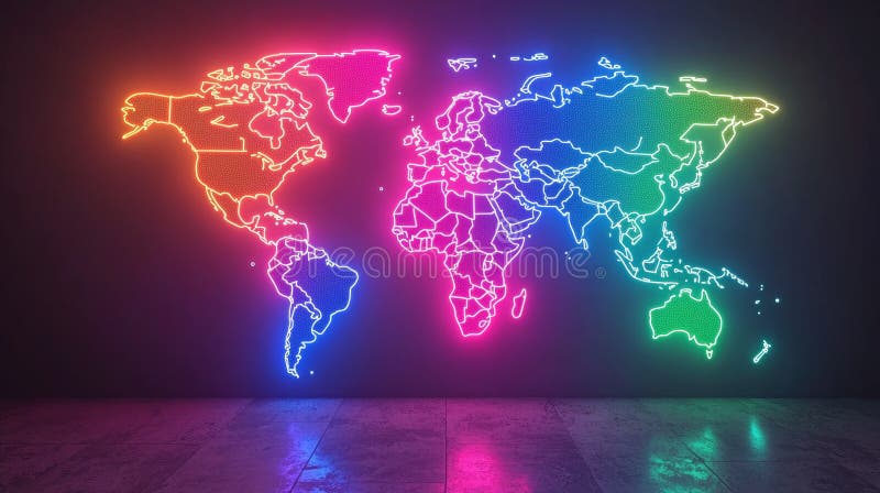 Neon Interconnected World Map Design Stock Illustration - Illustration ...