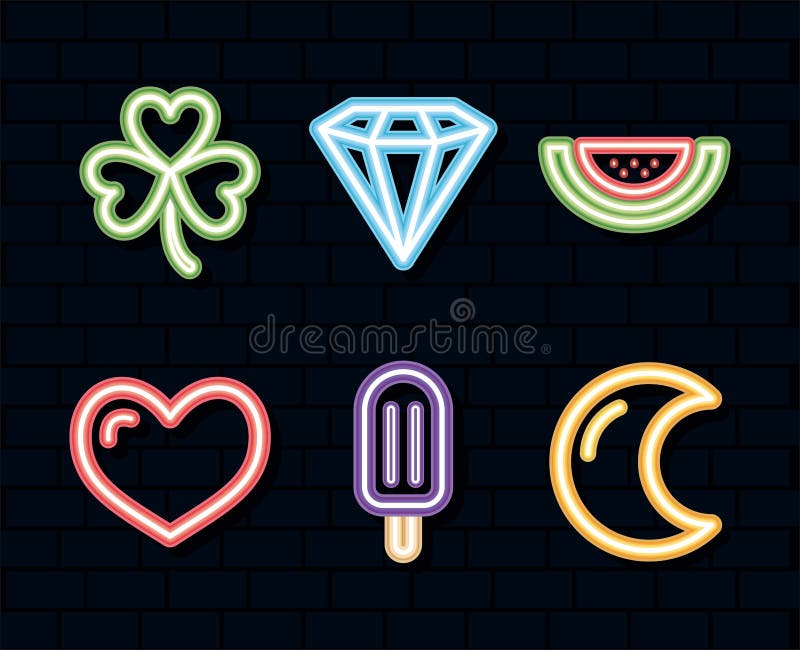 Neon items group stock vector. Illustration of moon - 254945620