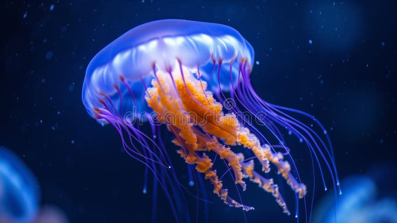 Neon Jellyfish Swims in Blue Ocean Water Stock Photo - Image of exotic ...