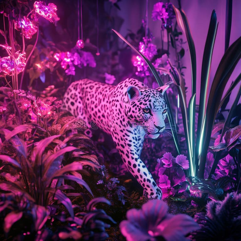 Neon Jungle Leopard with Glowing Eyes in Fluorescent Lighting Stock ...