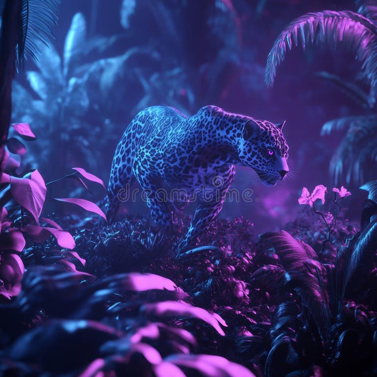 Neon Jungle Leopard with Glowing Eyes in Fluorescent Lighting Stock ...