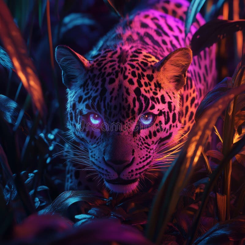 Neon Jungle Leopard with Glowing Eyes in Fluorescent Lighting Stock ...