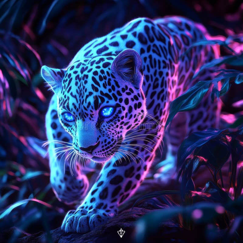 Neon Jungle Leopard with Glowing Eyes in Fluorescent Lighting Stock ...