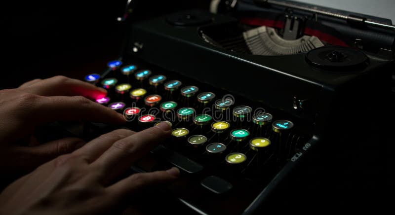 Neon Keys Illuminated on Retro Typewriter in Dark Ambiance Stock Photo ...