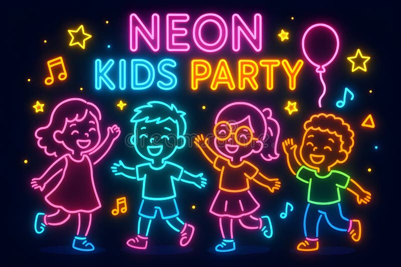 Neon Kids Party Celebration with Dancing Children Stock Illustration ...