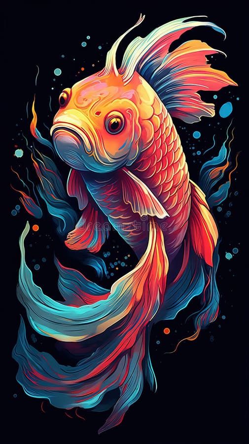 Neon Koi Fish Swimming in Dark Waters. Generative AI Stock Illustration ...