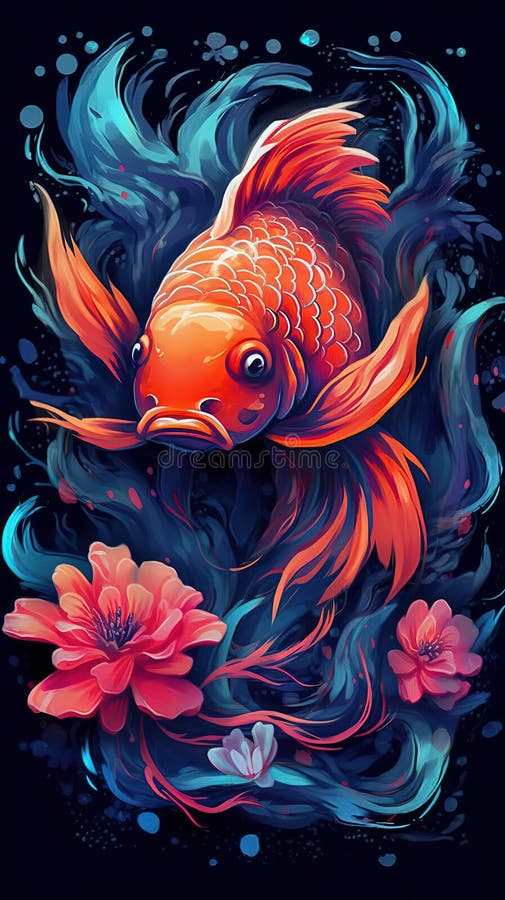 Neon Koi Fish Swimming in Dark Waters. Generative AI Stock Illustration ...