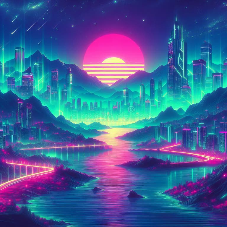 Neon Landscape a Neon Colored Landscape Created Using Digital Co Stock ...