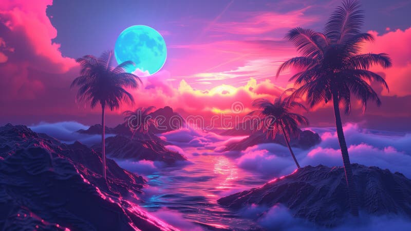 A Neon Neon Landscape with Palms and Sunset in Vaporwave Stock Photo ...