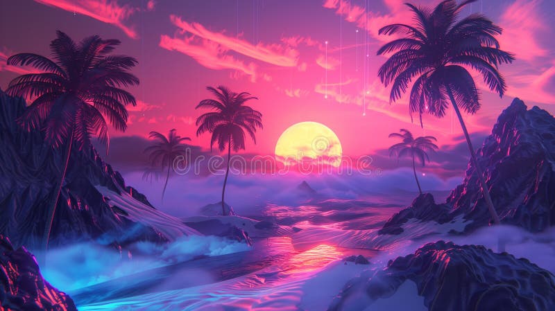 A Neon Neon Landscape with Palms and Sunset in Vaporwave Stock Photo ...