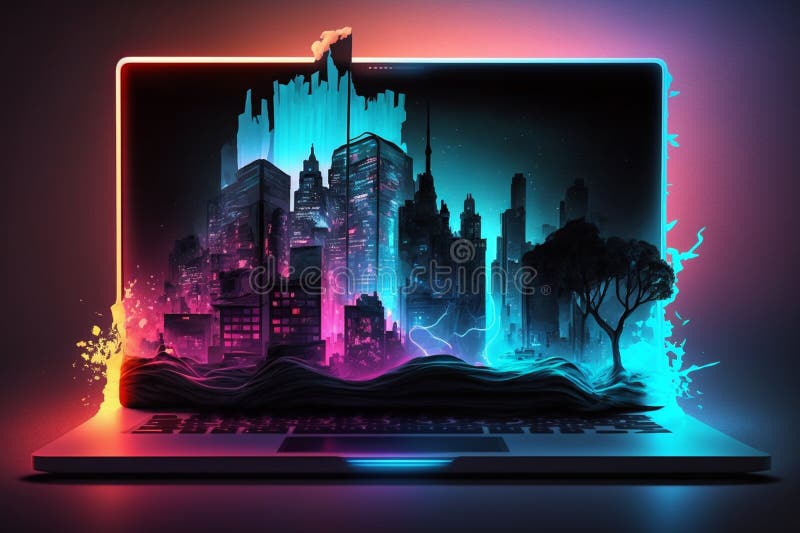 Neon Laptop. Created with Generative Ai Technology Stock Illustration ...