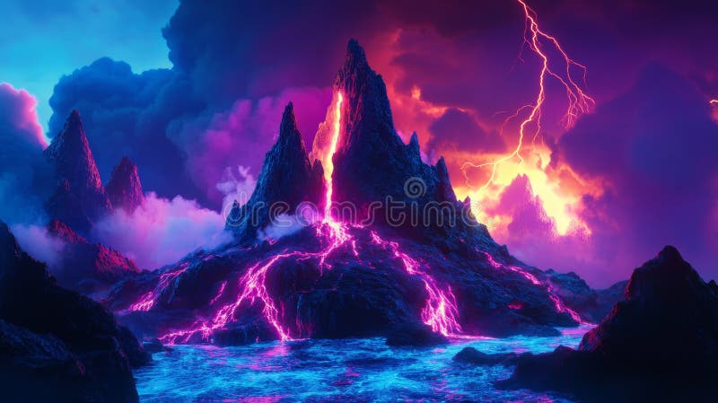 Neon Lava Erupts from a Mountain that Exists in a Holographic and ...